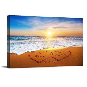 heart and heart at beautiful sunrise unique personalized photo or canvas prints with couple’s names and special date on beach,perfect present love gift for anniversary,wedding,birthday and holidays