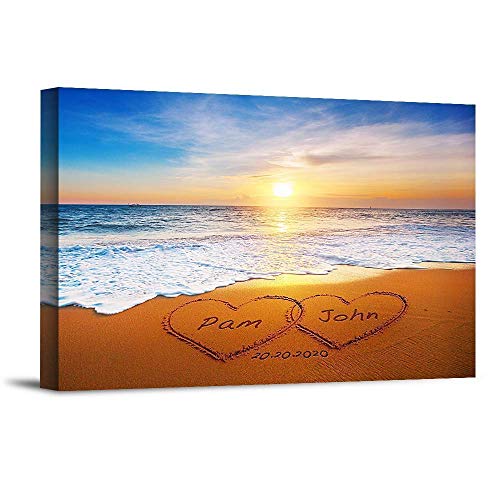 Heart and Heart at Beautiful Sunrise Unique Personalized Photo or Canvas Prints with Couple's Names and Special Date on Beach,Perfect Present Love Gift for Anniversary,Wedding,Birthday and Holidays