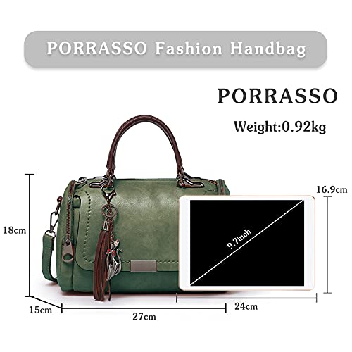 PORRASSO Retro Handbag Women Crossbody Bag Ladies Shoulder Bag Waterproof PU Leather Top-Handle Bag Work Travel Dating Boston Bag Green