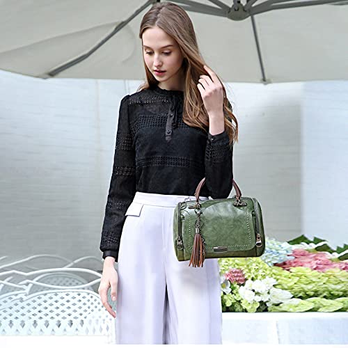 PORRASSO Retro Handbag Women Crossbody Bag Ladies Shoulder Bag Waterproof PU Leather Top-Handle Bag Work Travel Dating Boston Bag Green