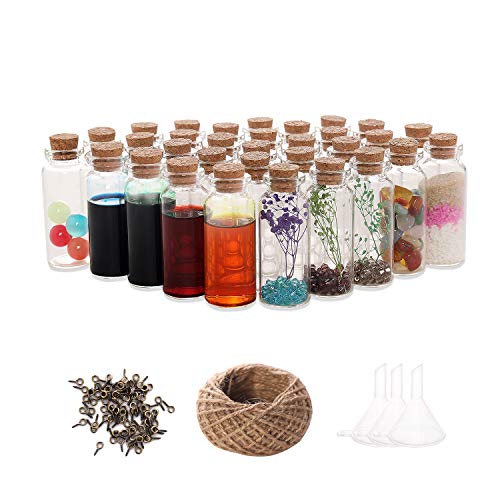 VOFUWS 48PCS 20ml Mini Glass Jars Bottles with Corks(48pcs Eye Screws and 30-meter twine and 3pcs Funnel)