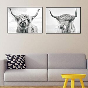 2 Pieces Highland Cow Canvas Wall Art Black and White Poster Art Decor Painting Home Decor for Living Room Office Bedroom(Unframed,16x20 inches)