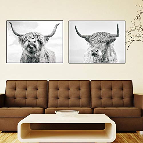 2 Pieces Highland Cow Canvas Wall Art Black and White Poster Art Decor Painting Home Decor for Living Room Office Bedroom(Unframed,16x20 inches)