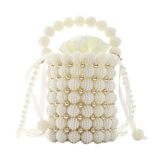 YIFEI Women Beaded Small Pearl Evening Bucket Handmade Bags with Detachable Chain for Wedding Party