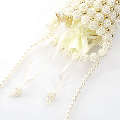 YIFEI Women Beaded Small Pearl Evening Bucket Handmade Bags with Detachable Chain for Wedding Party