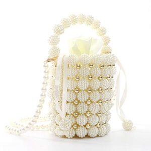 YIFEI Women Beaded Small Pearl Evening Bucket Handmade Bags with Detachable Chain for Wedding Party