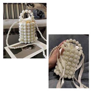 YIFEI Women Beaded Small Pearl Evening Bucket Handmade Bags with Detachable Chain for Wedding Party