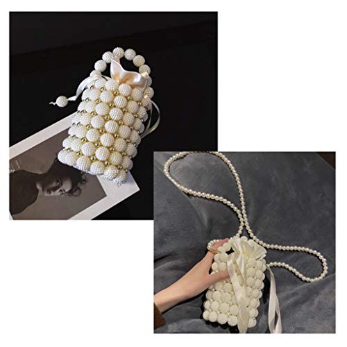 YIFEI Women Beaded Small Pearl Evening Bucket Handmade Bags with Detachable Chain for Wedding Party