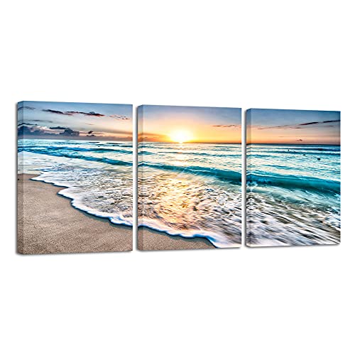 Wieco Art 3 Panel Blue Beach Canvas Wall Art for Home Decor Sunset White Wave Beach Pictures on Canvas Sea View Canvas Prints Artwork for Wall Decor Living Room Decorations