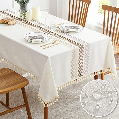 QIANQUHUI Embroidered Tablecloth for Dining Table,Dust Proof Spillproof Soil Resistant Cotton Linen Rectangle Table Cloths (Coffee Wheat, Rectangle/Oblong, 55'x120'', 10-12 Seats)