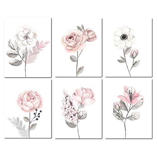 Lambs & Ivy Watercolor Floral Unframed Nursery Child Wall Art 6pc - Pink/Gray