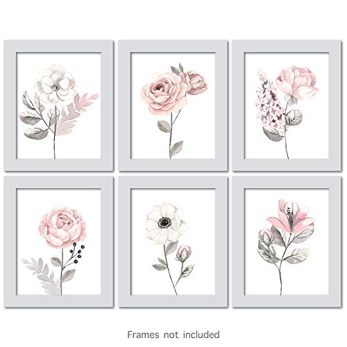 Lambs & Ivy Watercolor Floral Unframed Nursery Child Wall Art 6pc - Pink/Gray