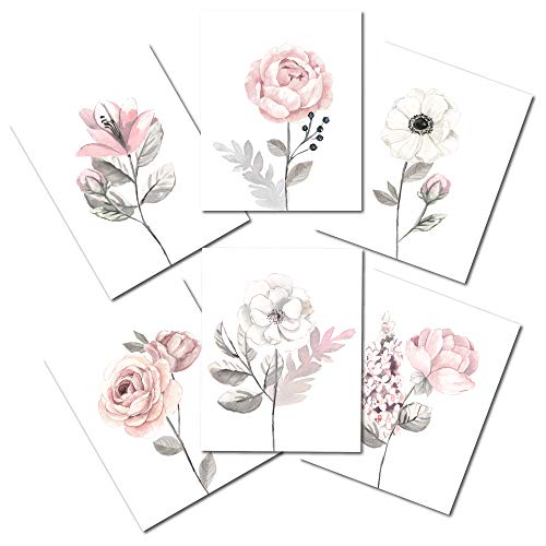 Lambs & Ivy Watercolor Floral Unframed Nursery Child Wall Art 6pc - Pink/Gray