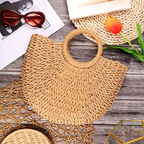 Frienda Straw Tote Bag Summer Beach Bag Handmade Straw Rattan Woven Handbag for Women Travel (Khaki, 12.6 x 7.87 x 8.66 Inch)