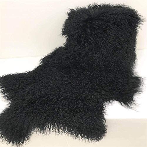 Genuine Tibetan/Mongolian Lambskin Sheepskin Hide Pelt Throw Area Rug Plate Wool Carpet Curly Sheep Fur in Bedroom, Living Room 3.5x2Ft (Black)