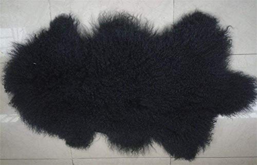 Genuine Tibetan/Mongolian Lambskin Sheepskin Hide Pelt Throw Area Rug Plate Wool Carpet Curly Sheep Fur in Bedroom, Living Room 3.5x2Ft (Black)