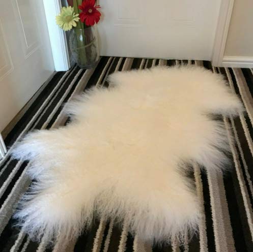 Genuine Mongolian Tibetan Lamb Sheepskin Wool Area Rug Real Carpet Curly Fur Pelt Throw Soft Plush Home Decorative 2ft x 3.4-3.6Ft