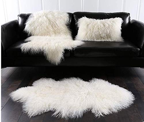 Genuine Mongolian Tibetan Lamb Sheepskin Wool Area Rug Real Carpet Curly Fur Pelt Throw Soft Plush Home Decorative 2ft x 3.4-3.6Ft