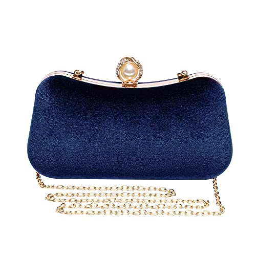 Mulian LilY Navy Blue Velvet Evening Bags For Women With Flower Closure Rhinestone Pearl Embellished Cluth Purse For Party Wedding M505