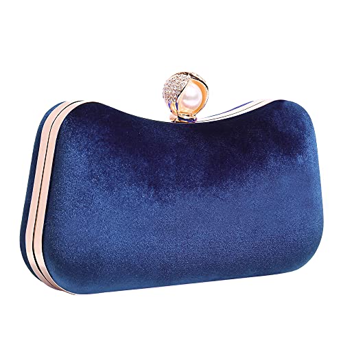 Mulian LilY Navy Blue Velvet Evening Bags For Women With Flower Closure Rhinestone Pearl Embellished Cluth Purse For Party Wedding M505