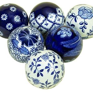 Enterprise Set of 6 Ceramic Blue Balls, 3 Inches, Blue and White Gloss Ceramic Bowl Filler and Accents