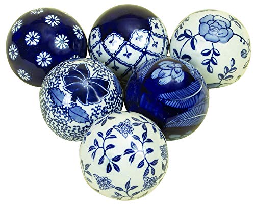 Enterprise Set of 6 Ceramic Blue Balls, 3 Inches, Blue and White Gloss Ceramic Bowl Filler and Accents