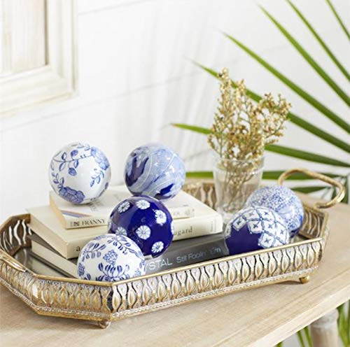 Enterprise Set of 6 Ceramic Blue Balls, 3 Inches, Blue and White Gloss Ceramic Bowl Filler and Accents