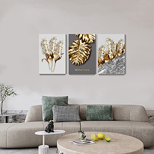 QTESPEII Large Modern Canvas Wall Art Hyacinth Painting White Flower Gold Leaf Canvas Prints for Living Room Bedroom Office Wall Decor Framed Home Office Walls Decorations, 16"x24" 3 Pieces