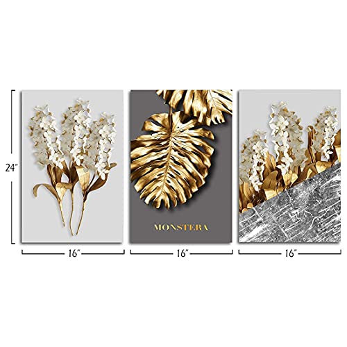 QTESPEII Large Modern Canvas Wall Art Hyacinth Painting White Flower Gold Leaf Canvas Prints for Living Room Bedroom Office Wall Decor Framed Home Office Walls Decorations, 16"x24" 3 Pieces