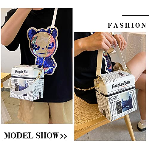 KUANG! Women Novelty Newspaper Evening Handbag Clutch Square Box Bag Envelope Purse Chain Shoulder Bag for Ladies