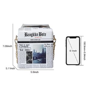 KUANG! Women Novelty Newspaper Evening Handbag Clutch Square Box Bag Envelope Purse Chain Shoulder Bag for Ladies