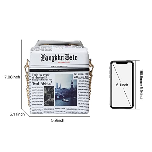 KUANG! Women Novelty Newspaper Evening Handbag Clutch Square Box Bag Envelope Purse Chain Shoulder Bag for Ladies