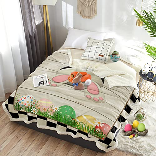 Yun Nist Easter Day Sherpa Flannel Throw Blankets,Pink Rabbit Tail Egg Thick Reversible Plush Fleece Blanket for Bed Couch Sofa Decor,Black Plaid White Plank Ultra Soft Comfy Warm Fuzzy TV Blanket