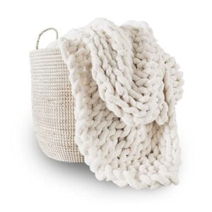 adyrescia chunky knit blanket throw | 100% hand knit with jumbo chenille yarn (50″x60″, cream white)