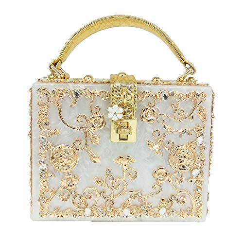 Acrylic & Flower Designer Shoulder Bags for Women Crossbody Bag Rhinestones Top-Handle Box Tote Handbags (White)