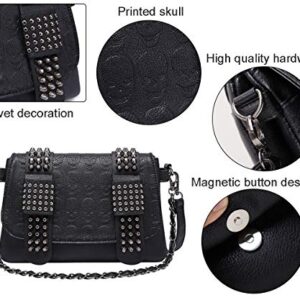 BelonYou Women Punk Skull Shoulder Top-Handle Bag Goth Rivet Purse Handbag PU Leather Chain Satchel Tote Black