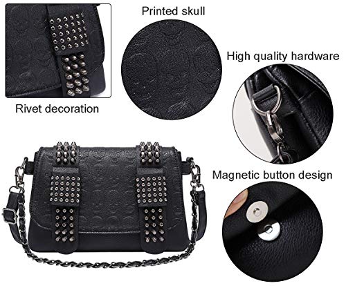 BelonYou Women Punk Skull Shoulder Top-Handle Bag Goth Rivet Purse Handbag PU Leather Chain Satchel Tote Black