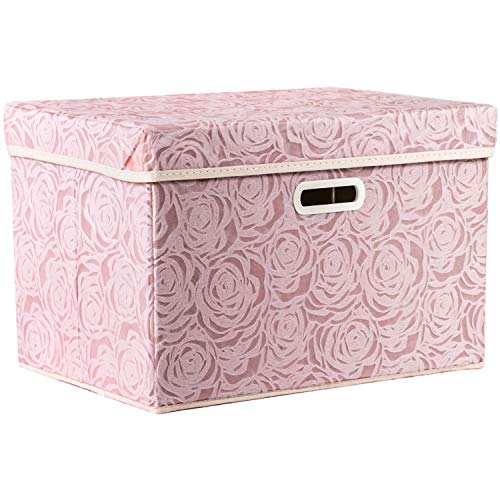 PRANDOM Larger Collapsible Storage Bin with Lid [1-Pack] Fabric Decorative Storage Box Cube Organizer Container Baskes with Handles Divider for Bedroom Closet Living Room Pink 17.7x11.8x11.8 Inch