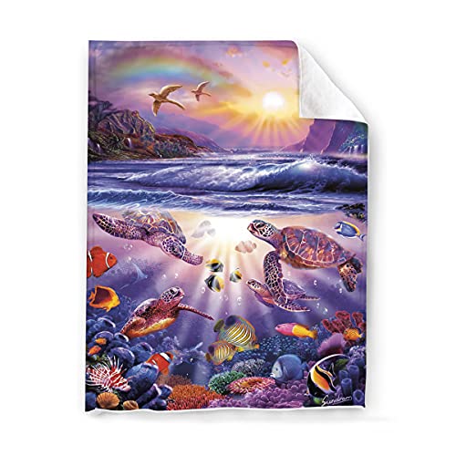 zuxhvia Sea Turtle Throw Blanket 3D Turtle Fleece Blanket for Kids Boys Adults Women Purple Underwater Turquoise Fuzzy Blanket Sea Turtle Gifts for Turtle Lovers