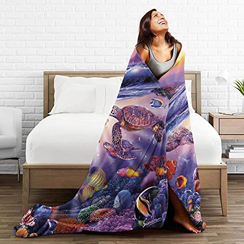 zuxhvia Sea Turtle Throw Blanket 3D Turtle Fleece Blanket for Kids Boys Adults Women Purple Underwater Turquoise Fuzzy Blanket Sea Turtle Gifts for Turtle Lovers