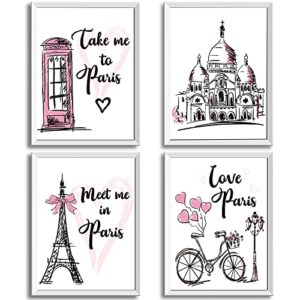 4 pieces paris wall art prints, pink eiffel tower telephone booth romantic paris theme room unframed art poster decor for girls living room bedroom bathroom kitchen office decor, 8 x 10 inch