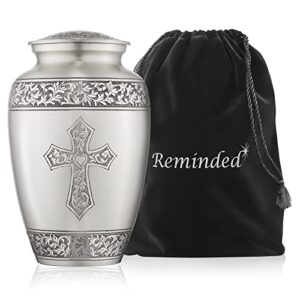 reminded adult cremation memorial urn for human ashes, pewter etched cross brass funeral urn with velvet bag