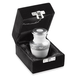 reminded small cremation memorial urn for human ashes, white and silver miniature keepsake urn with velvet case