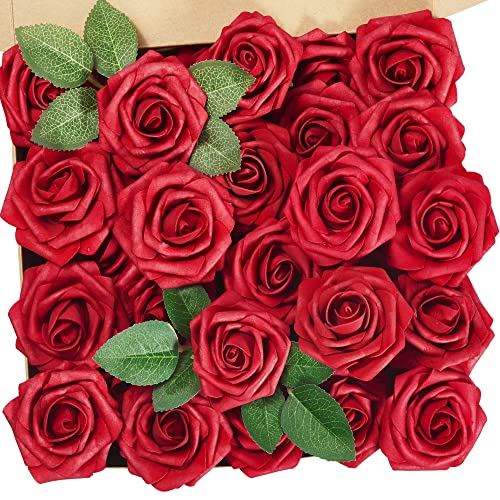 InnoGear Artificial Flowers, 50 Pcs Faux Flowers Fake Flowers Dark Red Roses Perfect for DIY Wedding Bouquets Centerpieces Bridal Shower Party Home Flower Arrangement Christmas Decorations