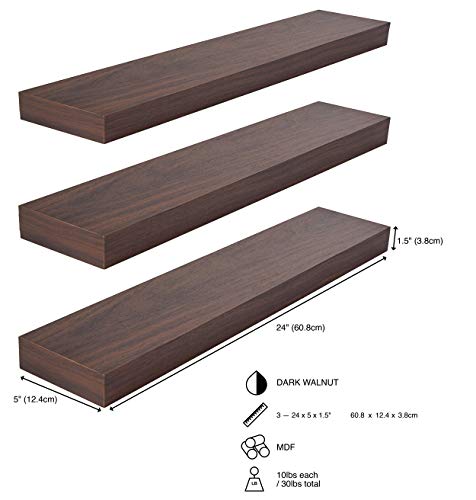 Kiera Grace kieragrace KG Maine Floating Shelves-Dark Walnut 24", Set of 3 Wall Organization