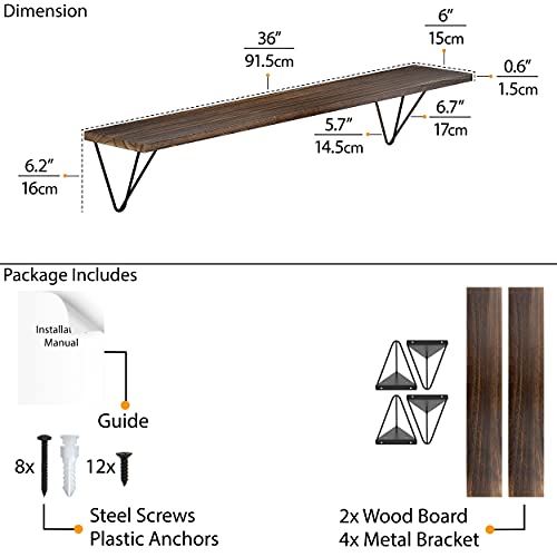 Wallniture Colmar Bathroom Shelves for Over The Toilet Storage, 36"x6" Floating Shelves for Wall Storage, Dark Burned Wood Wall Shelves Set of 2