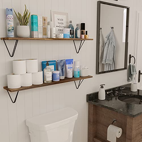 Wallniture Colmar Bathroom Shelves for Over The Toilet Storage, 36"x6" Floating Shelves for Wall Storage, Dark Burned Wood Wall Shelves Set of 2