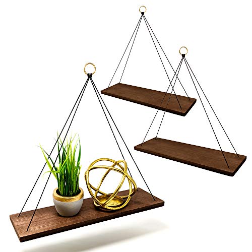 Boho Wall Hanging Shelf - Wood Hanging Shelves for Wall - Farmhouse Rope Shelves for Bedroom Living Room Bathroom - Rustic Wood Shelves - Hanging Plant Shelf - Triangle Floating Shelf (Ring Mount)