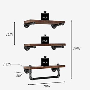 BOSURU Industrial Bathroom Shelves Pipe Wall Shelf with Rustic Wood Shelving for Towel Shelf Storage Wall Mounted Floating Shelves Home Kitchen(3-Tiers)