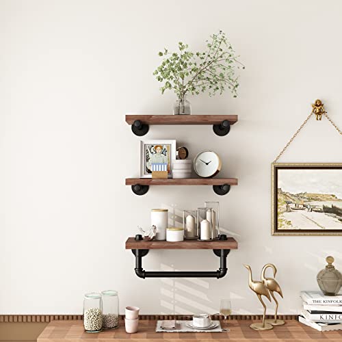 BOSURU Industrial Bathroom Shelves Pipe Wall Shelf with Rustic Wood Shelving for Towel Shelf Storage Wall Mounted Floating Shelves Home Kitchen(3-Tiers)